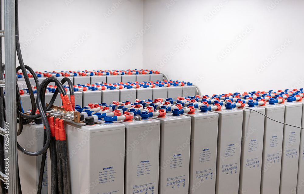 A room with batteries in a power plant with an alternative energy ...
