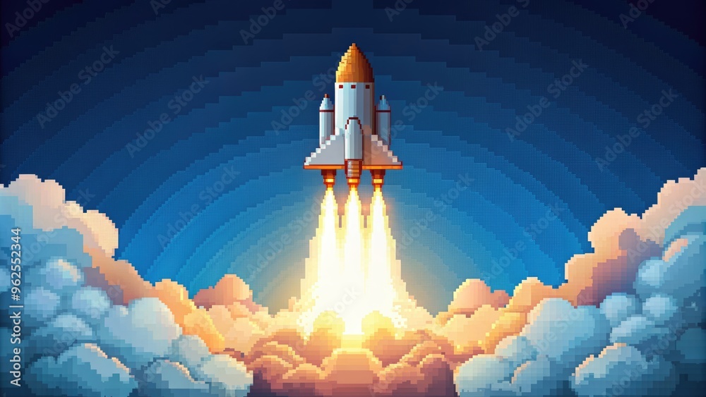 Pixel art animation of rocket launching into space surrounded by smoke ...