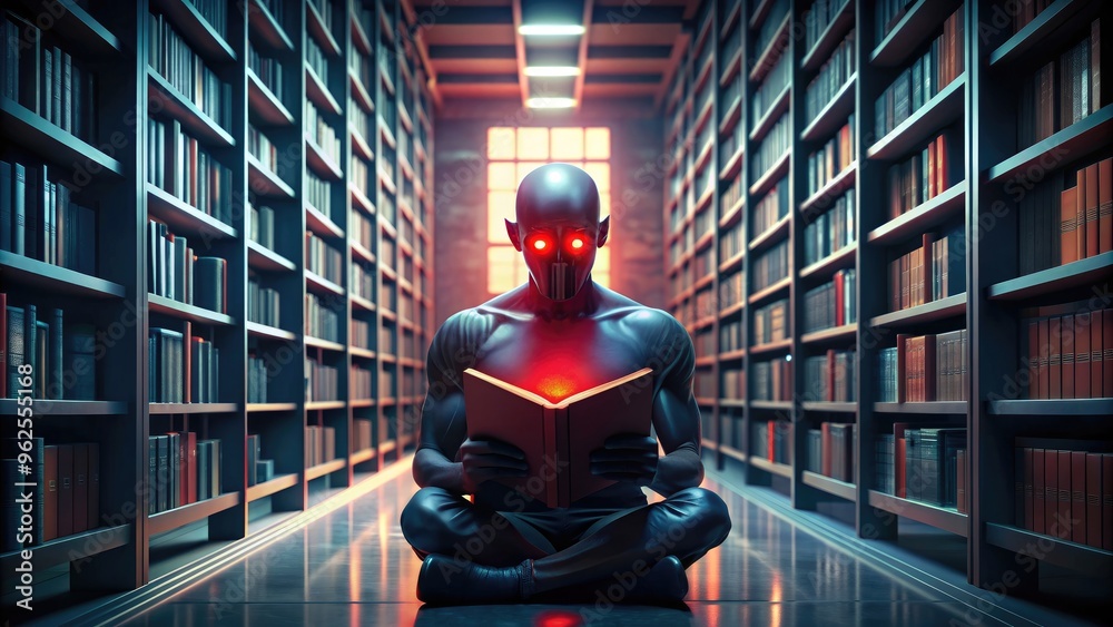 Red-eyed entity absorbing all human knowledge in a library, AI ...