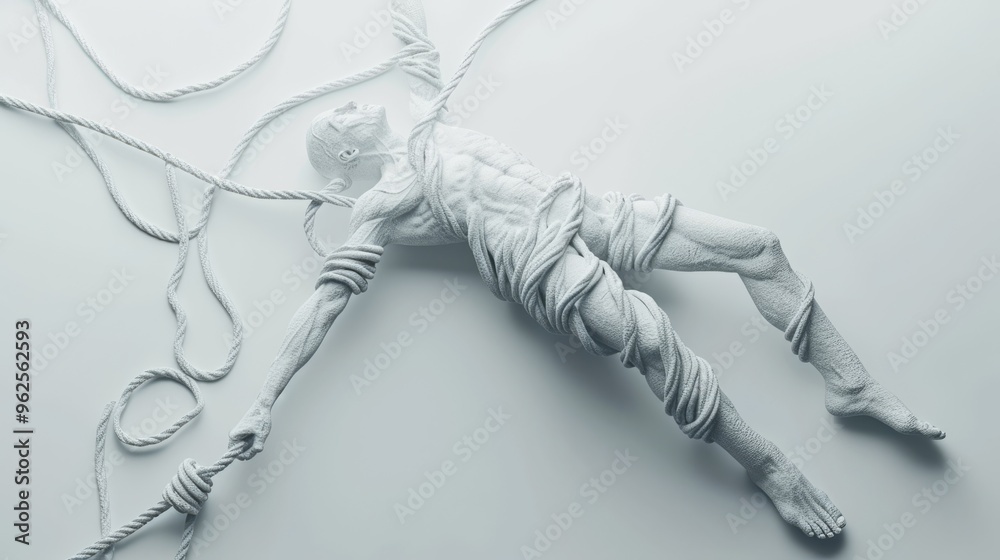 A white statue of a human figure is heavily entangled in ropes, lying ...