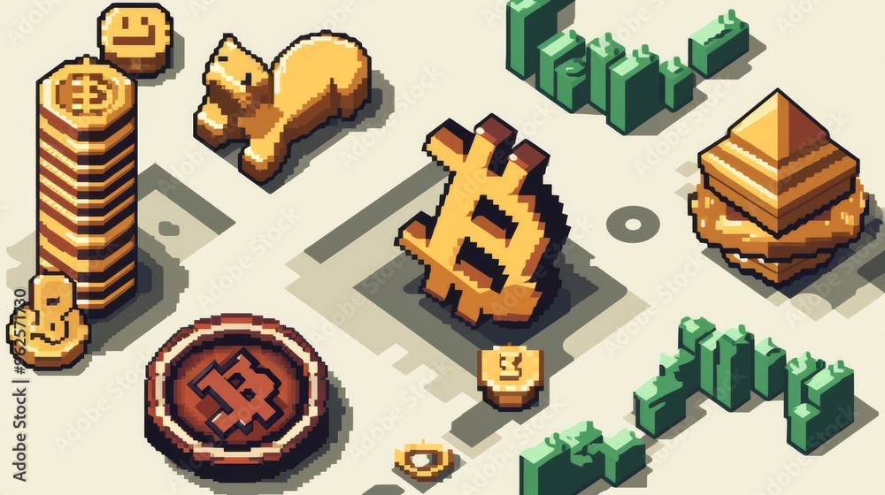 A detailed set of 3D pixel art icons showcasing Bitcoin and other ...