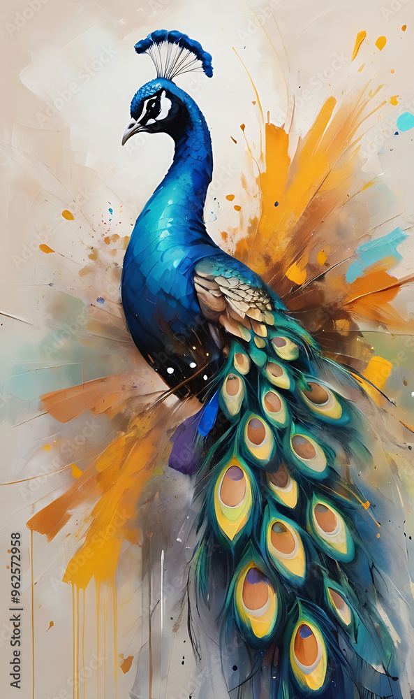 Abstract scene of a colorful peacock with spread feathers, rich in ...