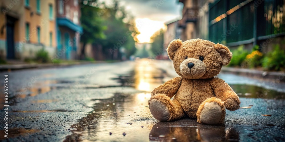 A lonely, worn, and weathered teddy bear lies abandoned on a dirty ...