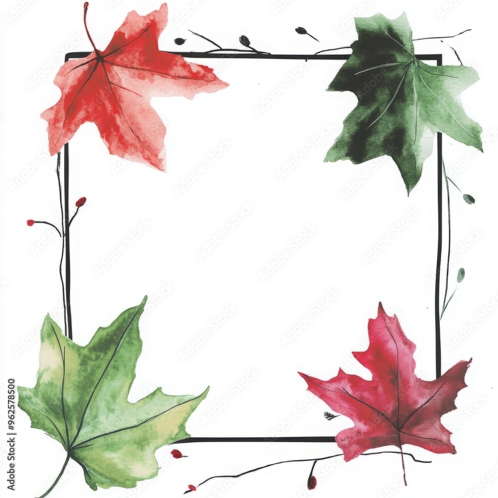 Watercolor Painted Leaves Surrounding a Simple Black Line Frame ...