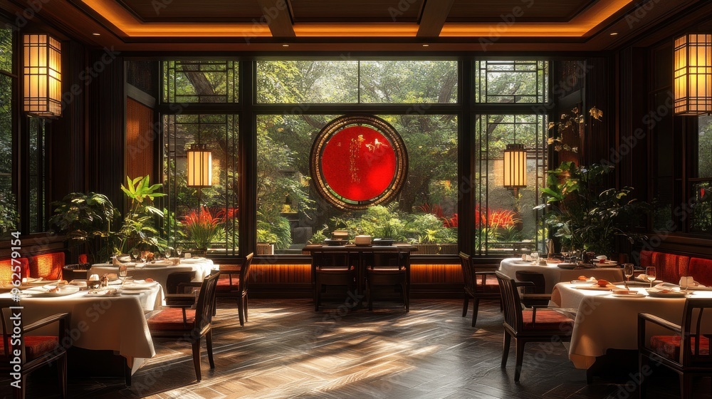 Elegant Chinese Restaurant Interior with Natural Light and Garden Views ...