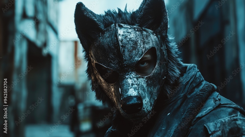 A man adorned in a terrifying metal wolf mask stares ominously into the ...
