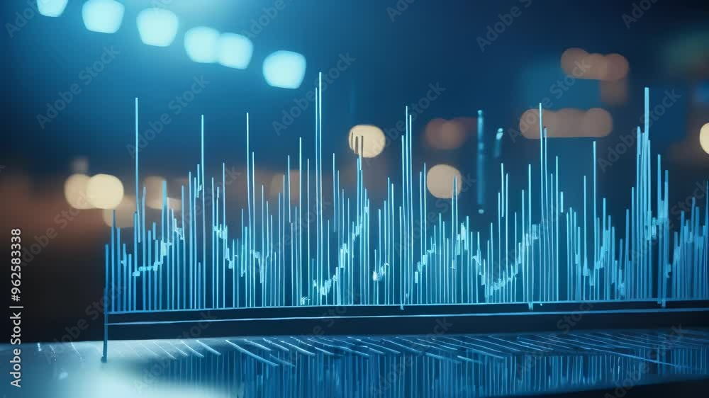 Financial Graph with Blue Line Chart on Digital Screen in Dark Room ...