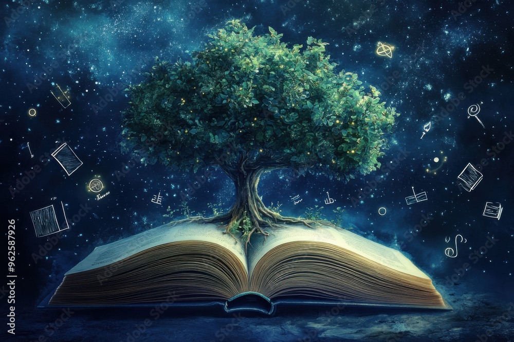 An artistic depiction of a tree growing out of an open book, with its ...