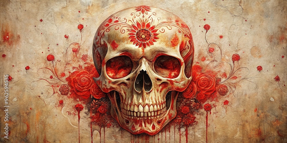 A blood-red skull design reigns on a pale canvas, intricate details and ...