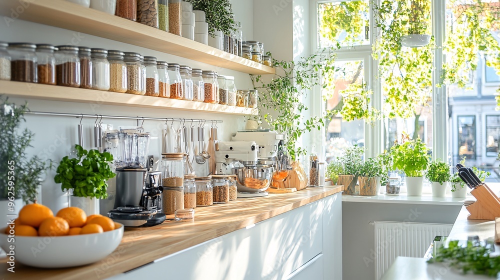 contemporary kitchen, hidden storage, organized spice racks, labeled ...