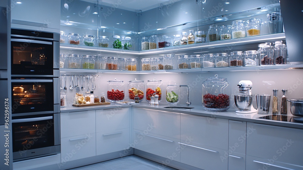 modern minimalist kitchen, smooth cabinets, glass containers neatly ...