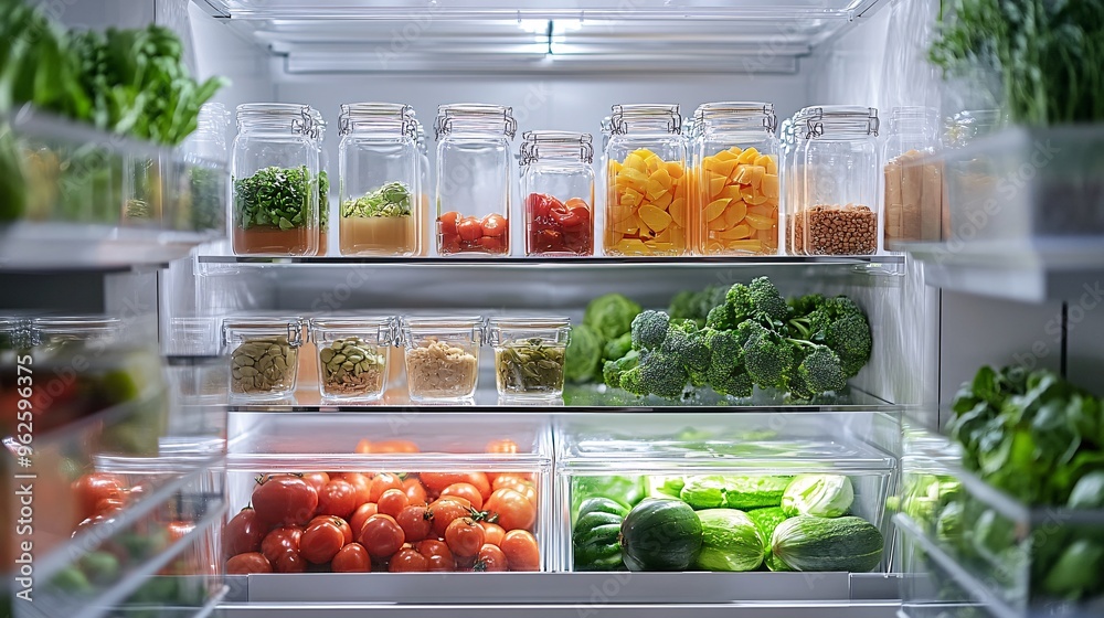 contemporary fridge, clear bins and shelves for organized storage ...