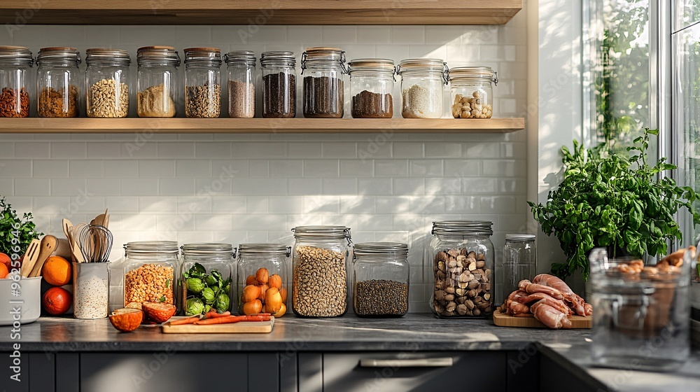 modern farmhouse kitchen, healthy meal prep area, glass jars and bins ...