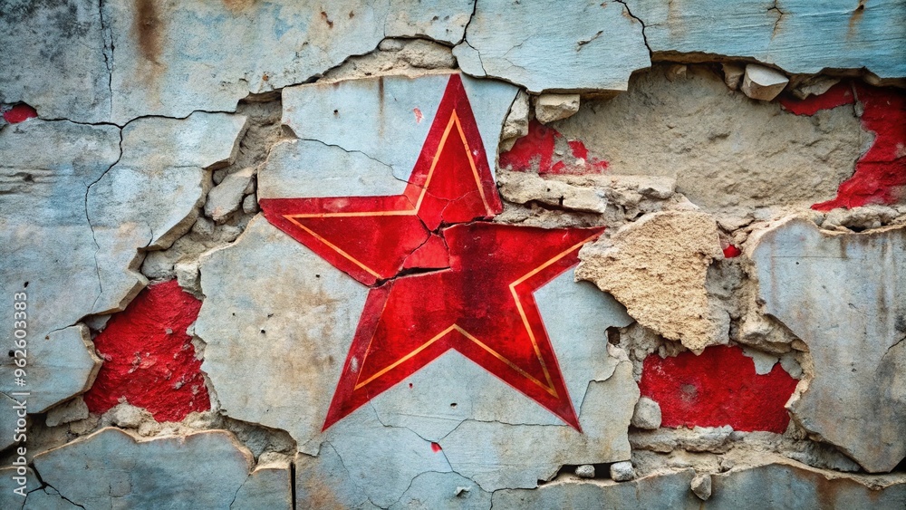 A worn, red-star-adorned Soviet-era propaganda poster peels off a ...