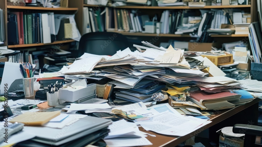 An untidy office with papers and files in disarray on a cluttered desk ...