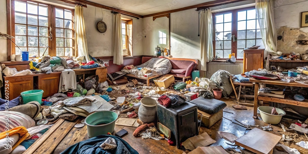 Photo of a messy and cluttered old room with piles of things strewn ...