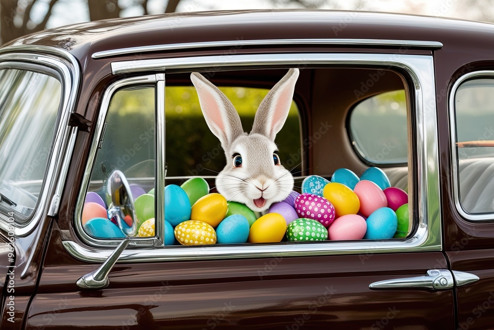 Easter Bunny Joyfully Peeking from Classic Car Overflowing with ...