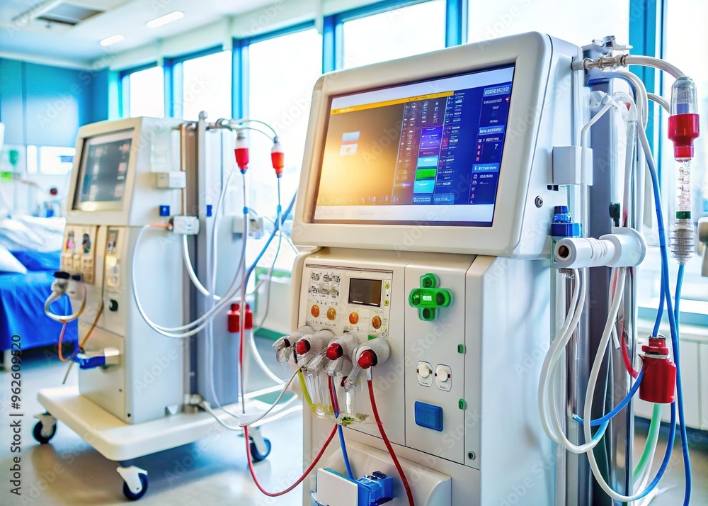 A modern dialysis machine with gleaming metal surfaces, colorful ...