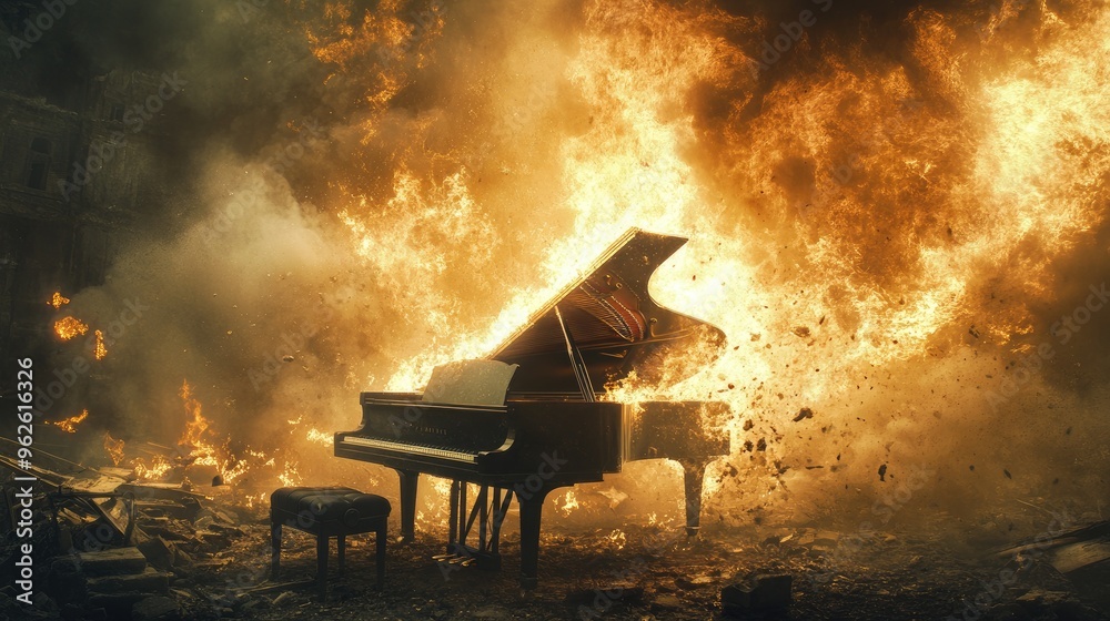 Fire and smoke erupt from a grand piano, creating a powerful and ...