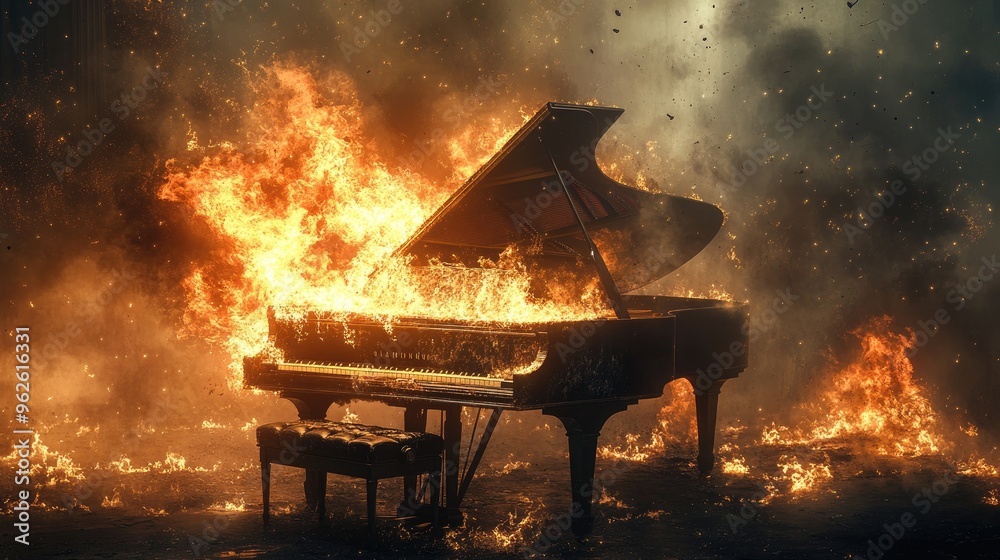 Fire and smoke erupt from a grand piano, creating a powerful and ...