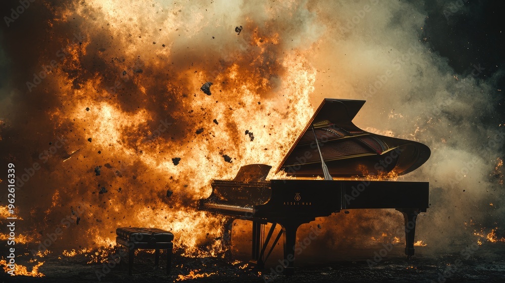 Fire and smoke erupt from a grand piano, creating a powerful and ...