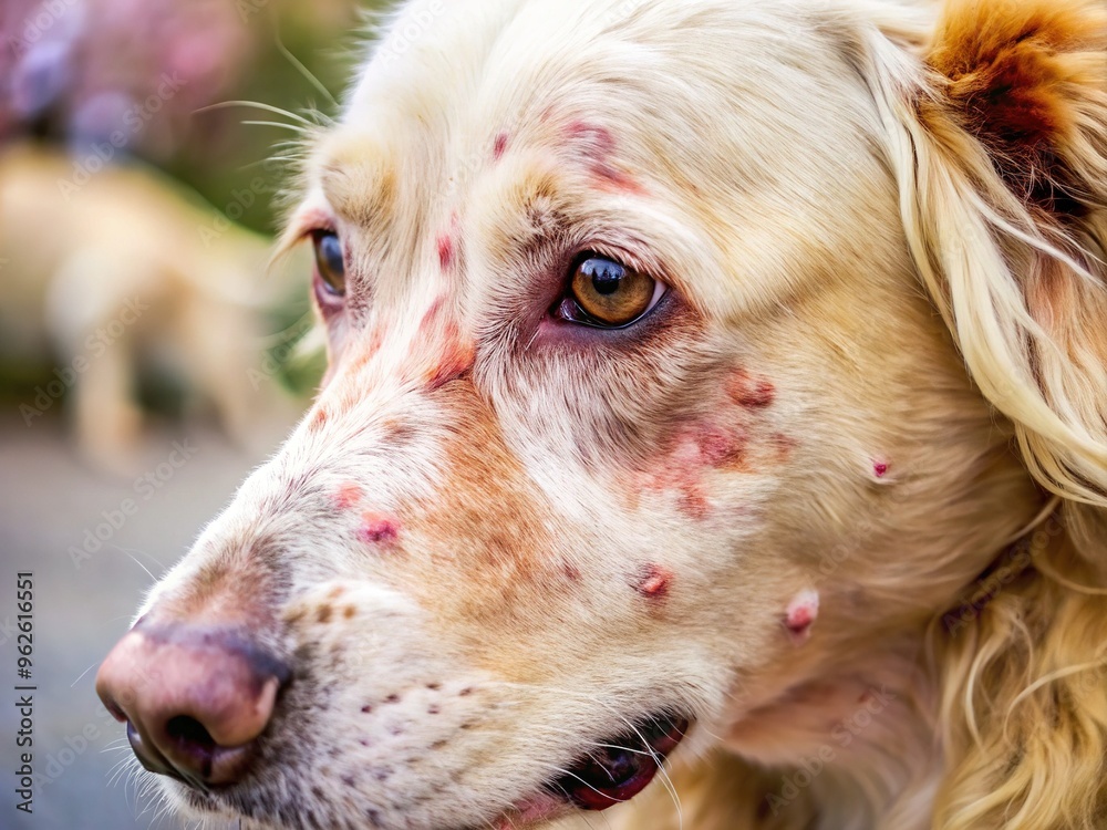 A close-up view of a dog's skin lesions, redness, and hair loss ...