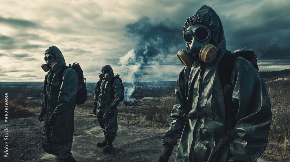 Individuals in biohazard suits with gas masks stand amidst a barren ...
