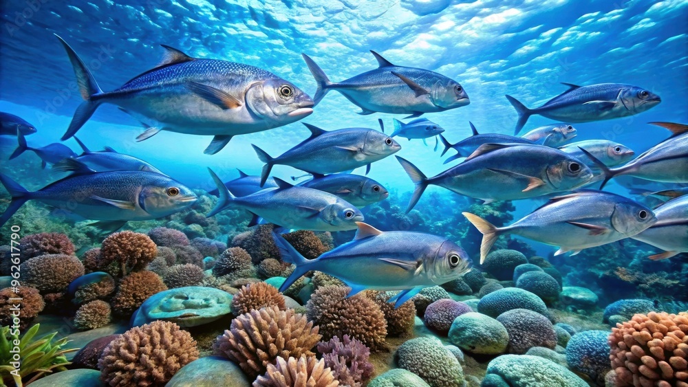 Shoal of bluefin trevally swimming on coral reef in Red Sea, bluefin ...
