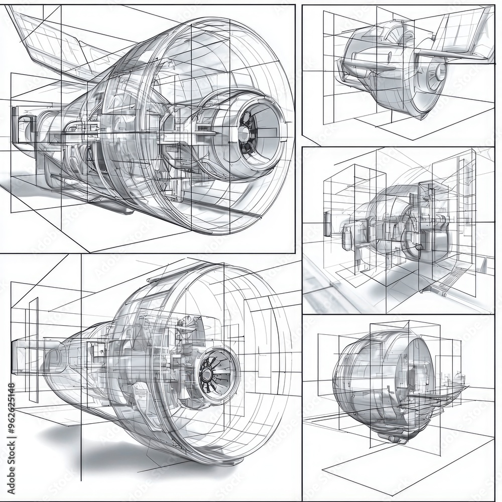 Technical Illustration of Jet Engine with Grid Lines Stock Illustration ...