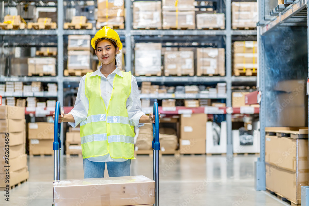Portrait of employee female warehouse professional worker in uniform ...