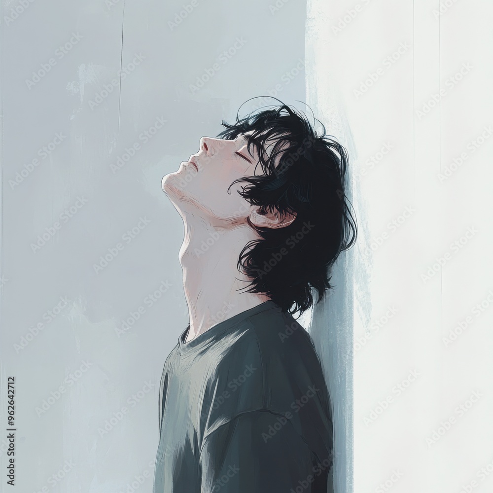 A young man with dark, unkempt hair, standing in an empty room with his ...