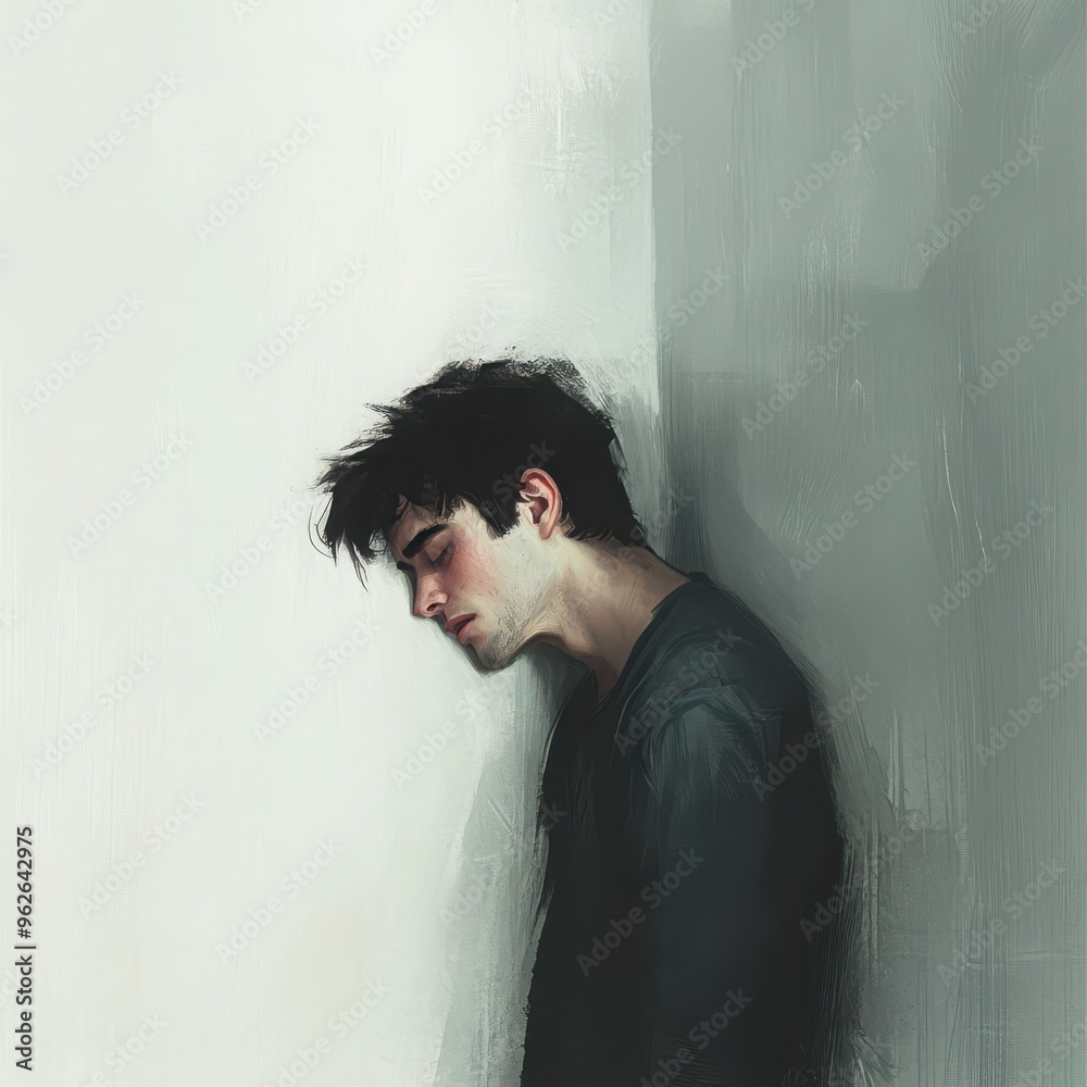 A young man with dark, unkempt hair, standing in an empty room with his ...