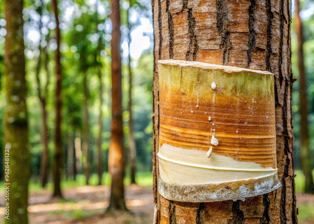 Natural beige latex sap oozes from incision in tall, slender tree trunk ...