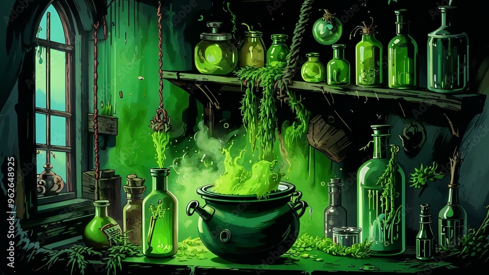 In the old house there is a green potion in an old cauldron, bubbles ...