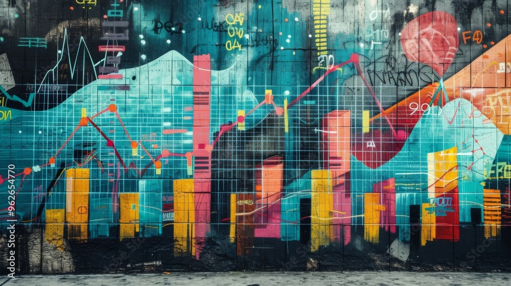 Vibrant graffiti art on an urban wall featuring a mix of bar graphs ...