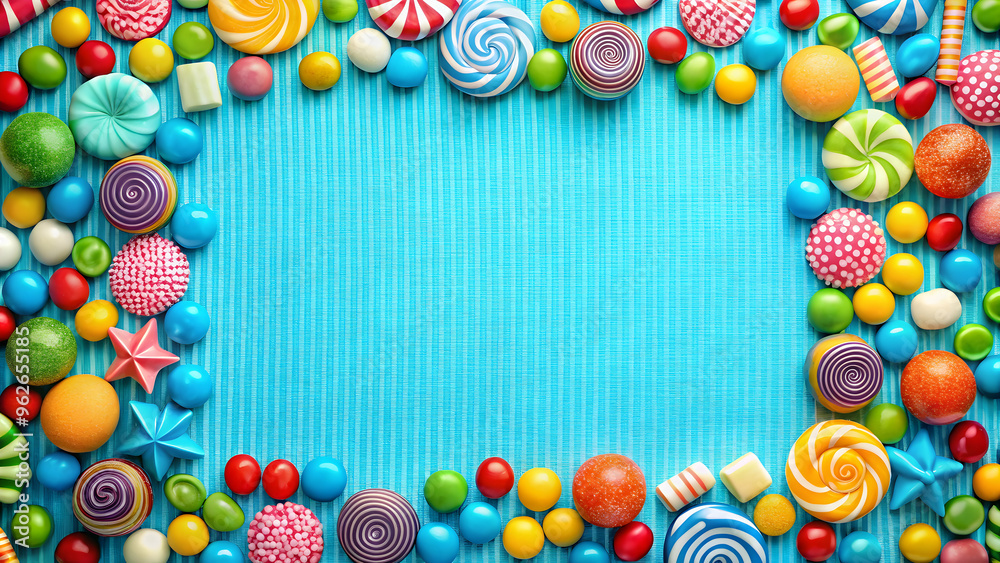 ภาพประกอบสต็อก Blue background with candy border,Colorful candies ...