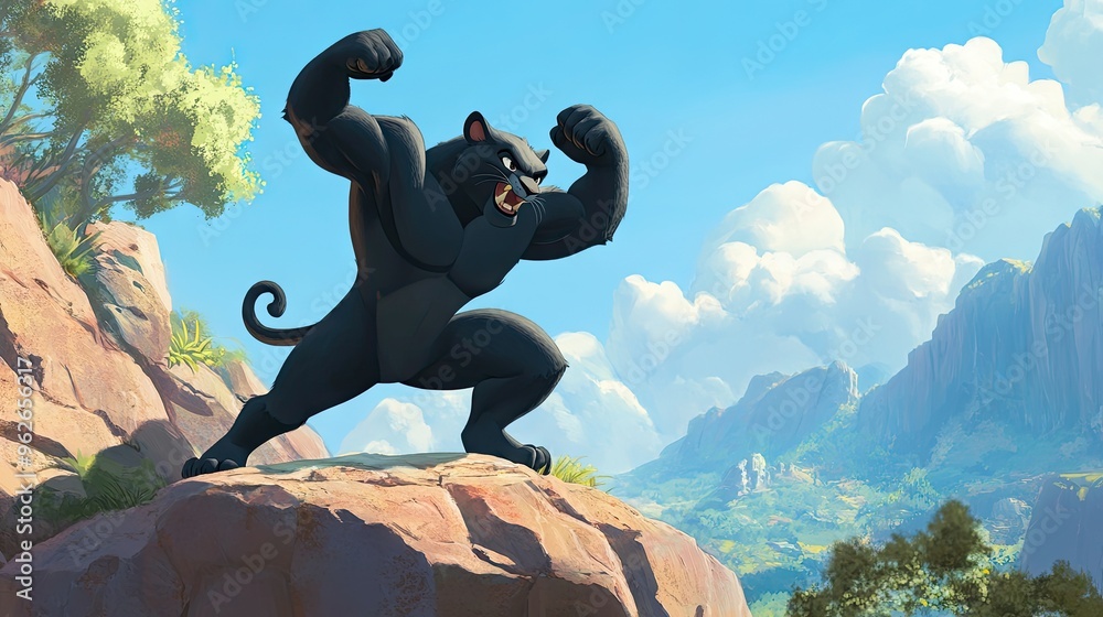 A cartoon panther flexing its muscles as it lifts a heavy weight on a ...