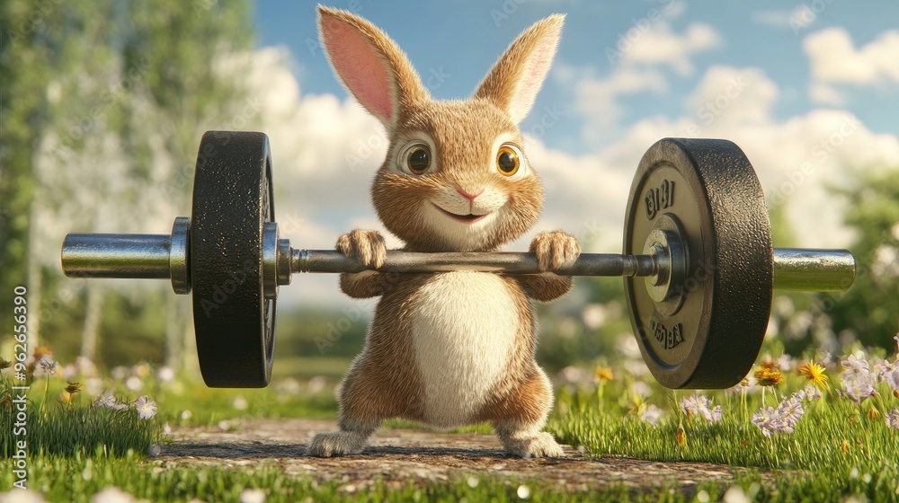 A cartoon rabbit with bulging muscles lifting a heavy barbell on a ...