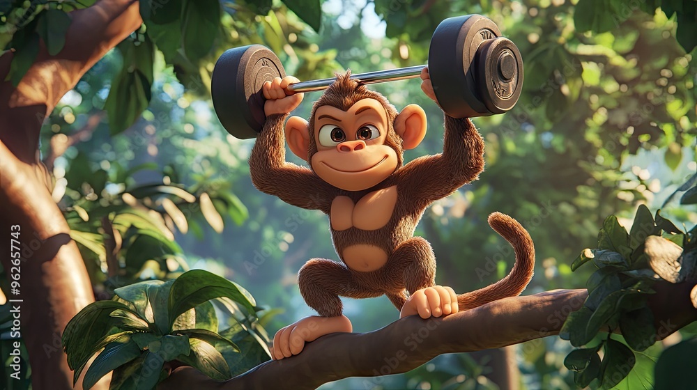 A muscular cartoon monkey lifting weights on a tree branch, looking ...