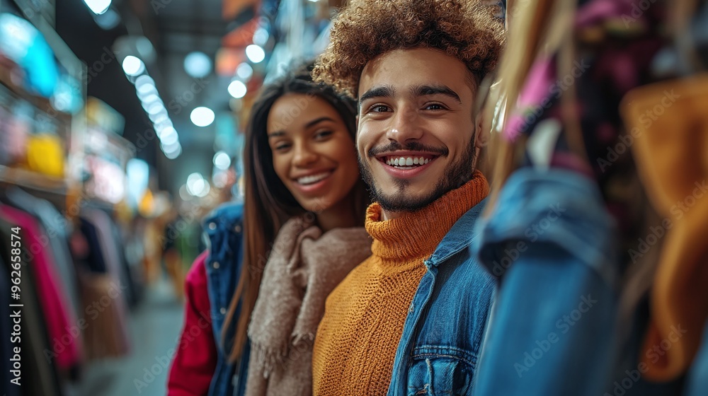 diverse group of curious friends enjoying shopping together in a retail ...