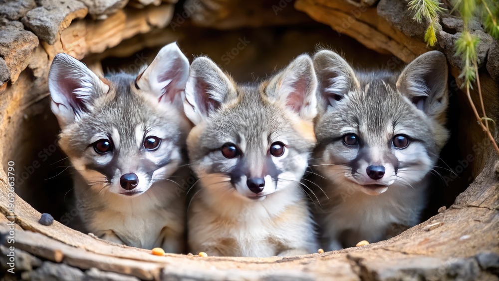 Adorable gray fox kits peek out from a den, curious eyes shining, soft ...