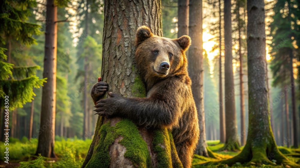 A giant brown bear wraps its massive paws around a majestic tree trunk ...