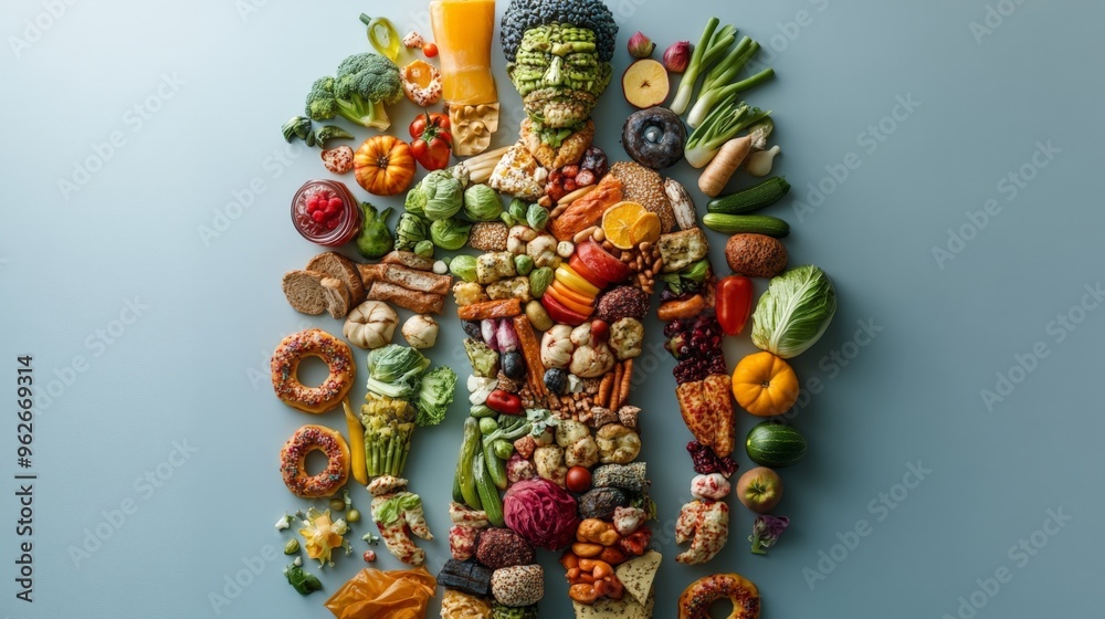 A man made of different types and colors of food, standing on the floor ...