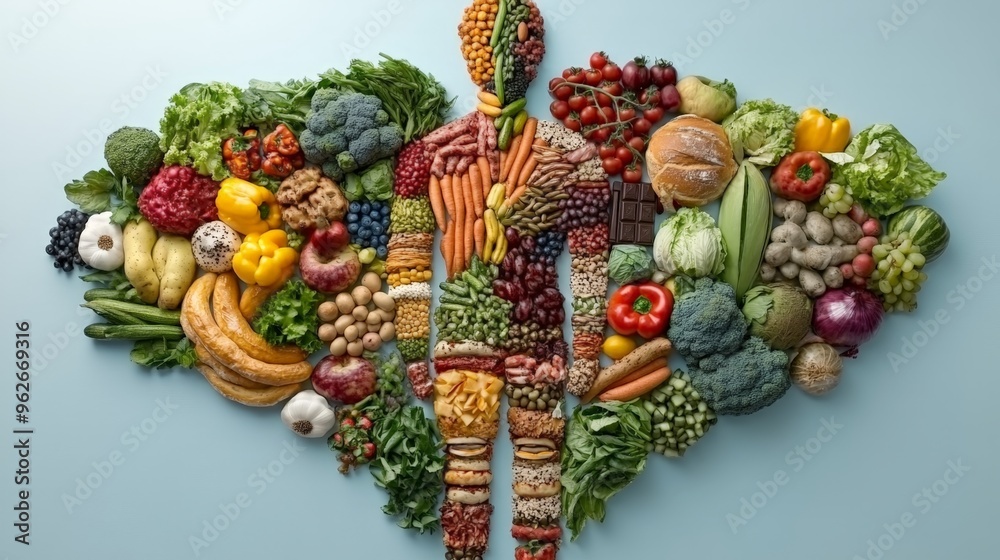 A man made of different types and colors of food, standing on the floor ...