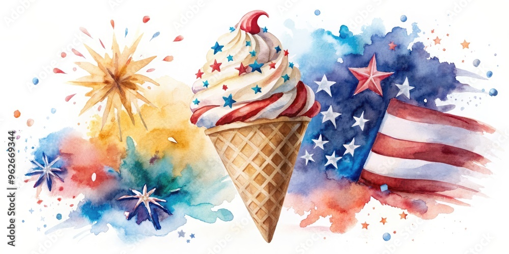 Watercolor painting of an ice cream cone on the Fourth of July ...