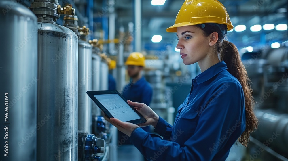 engineers in a water filtration control room at a modern factory using ...