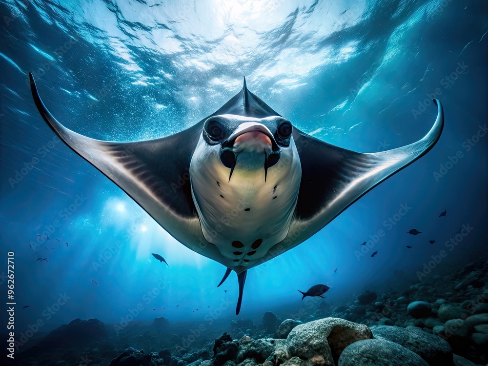 A menacing Manta Ray, also known as the devil fish, swims ominously in ...