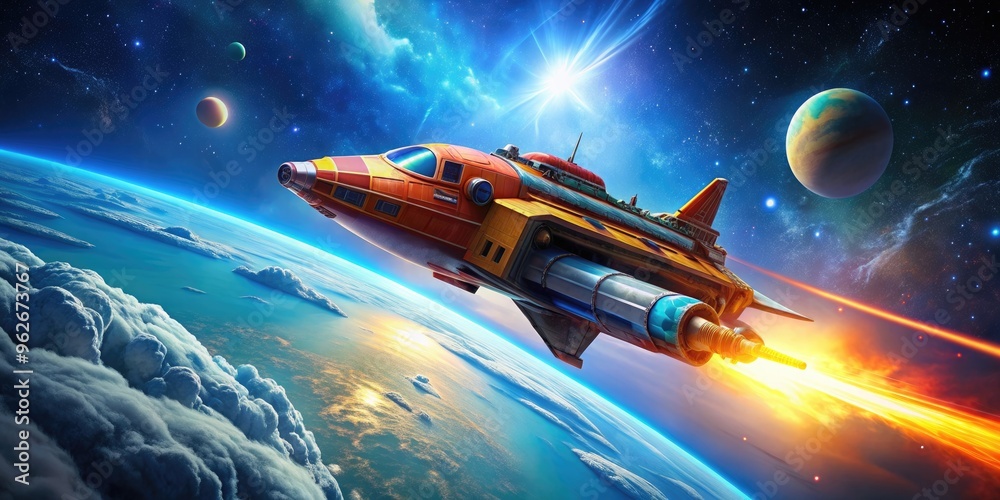 Spaceship floating in the vastness of outer space, with ultra high ...