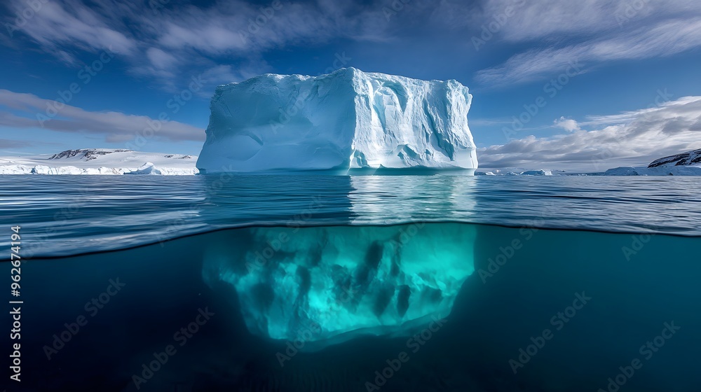 A detailed iceberg with its massive submerged section visible beneath ...