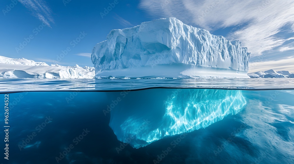 A detailed iceberg with its massive submerged section visible beneath ...